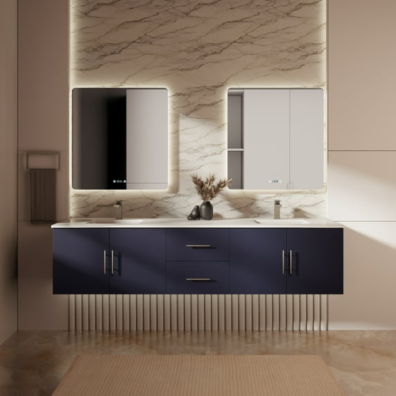 Geneva 80 in. W Navy Blue Double Bath Vanity, Cultured Marble Top, and ...