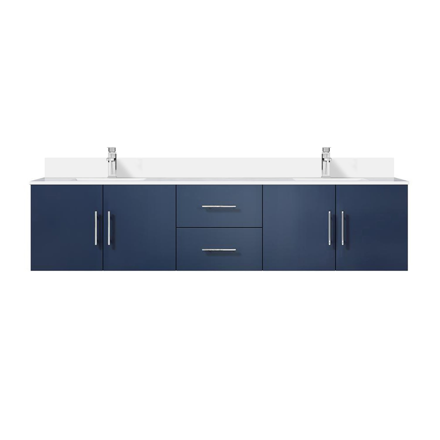 Geneva 80 in. W Navy Blue Double Bath Vanity, White Quartz Top, and ...