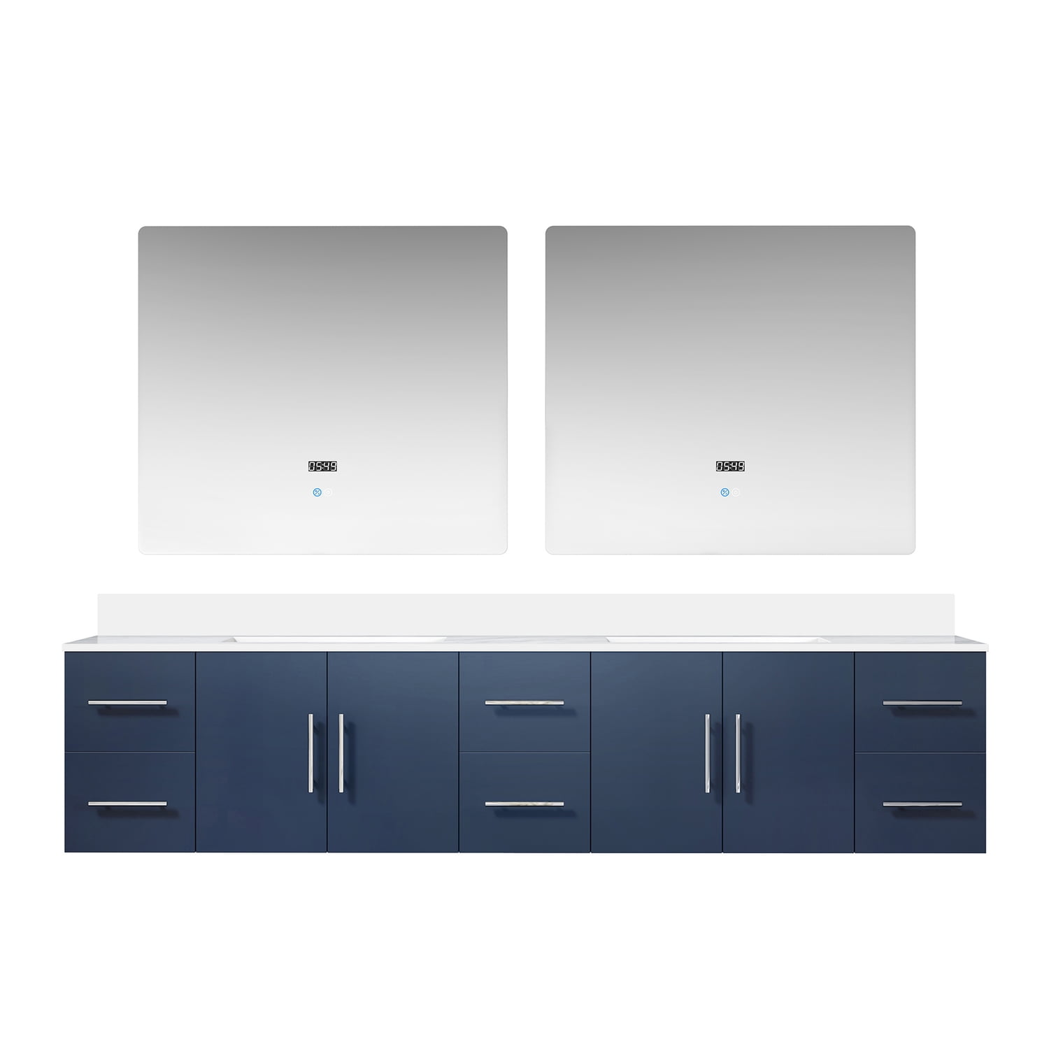 Geneva 84 in. W Navy Blue Double Bath Vanity, White Quartz Top, and 36 ...