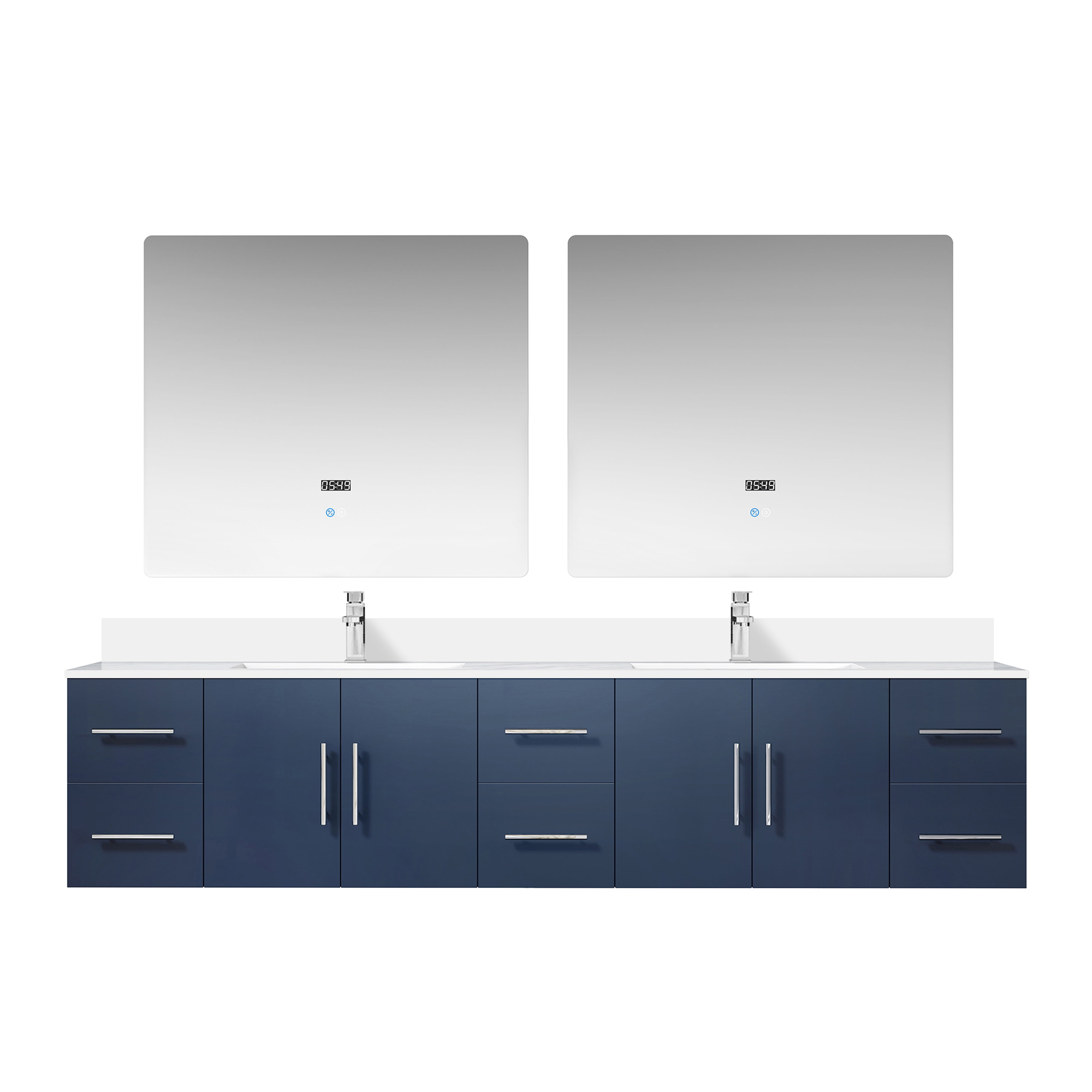 Geneva 84 in. W Navy Blue Vanity, White Quartz Top, Faucet Set, and 36 ...