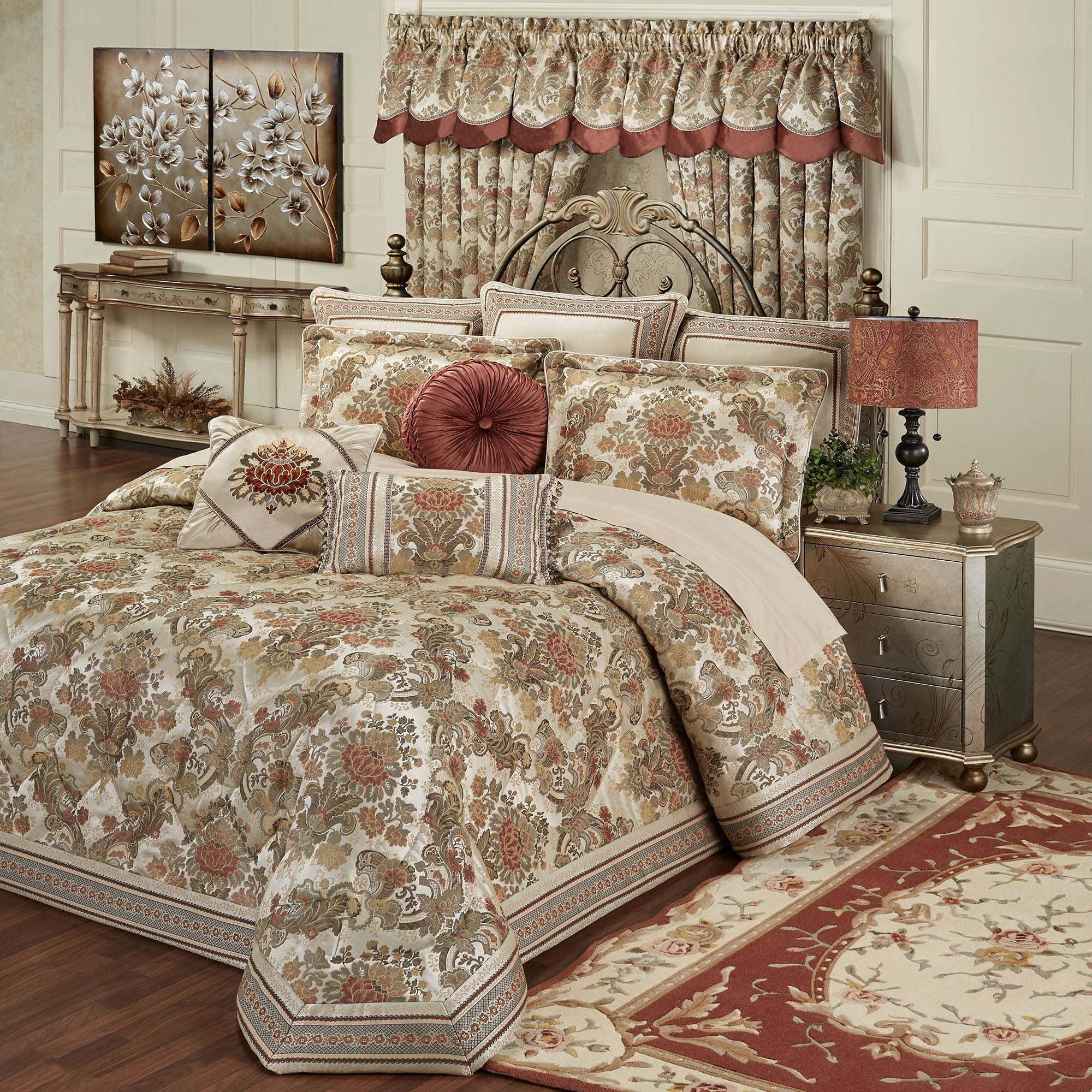 Geneva Jacobean Damask Natural and Floral Champagne Stripes Jacquard ...