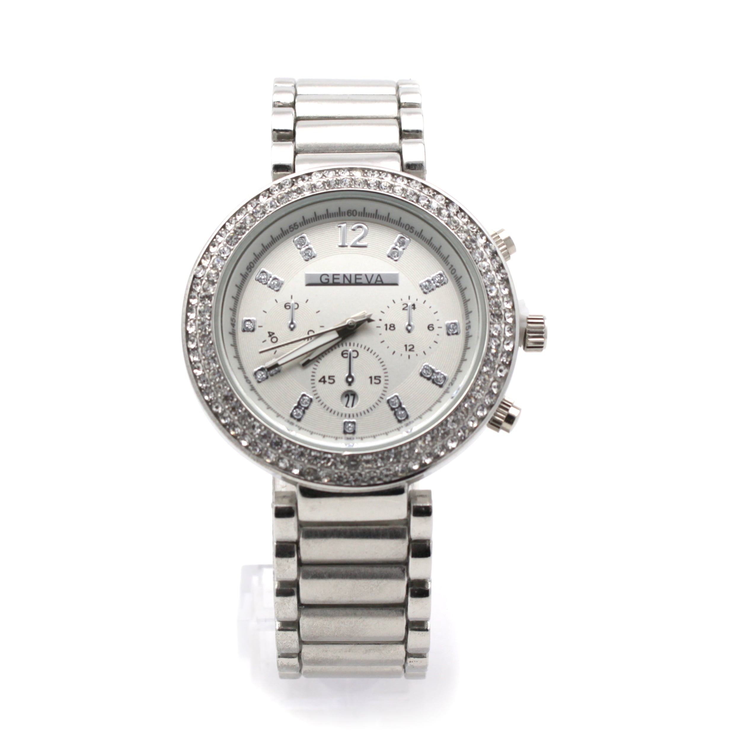 Geneva Rhinestone Bezel Silver Metal Analog Round Quartz Round Wrist ...