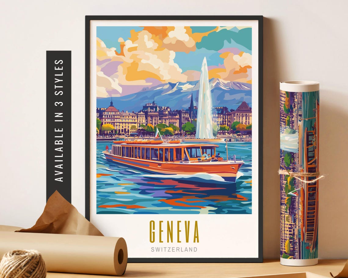 Geneva Switzerland Art Poster Travel City Wall Art Swiss Decor Colorful ...
