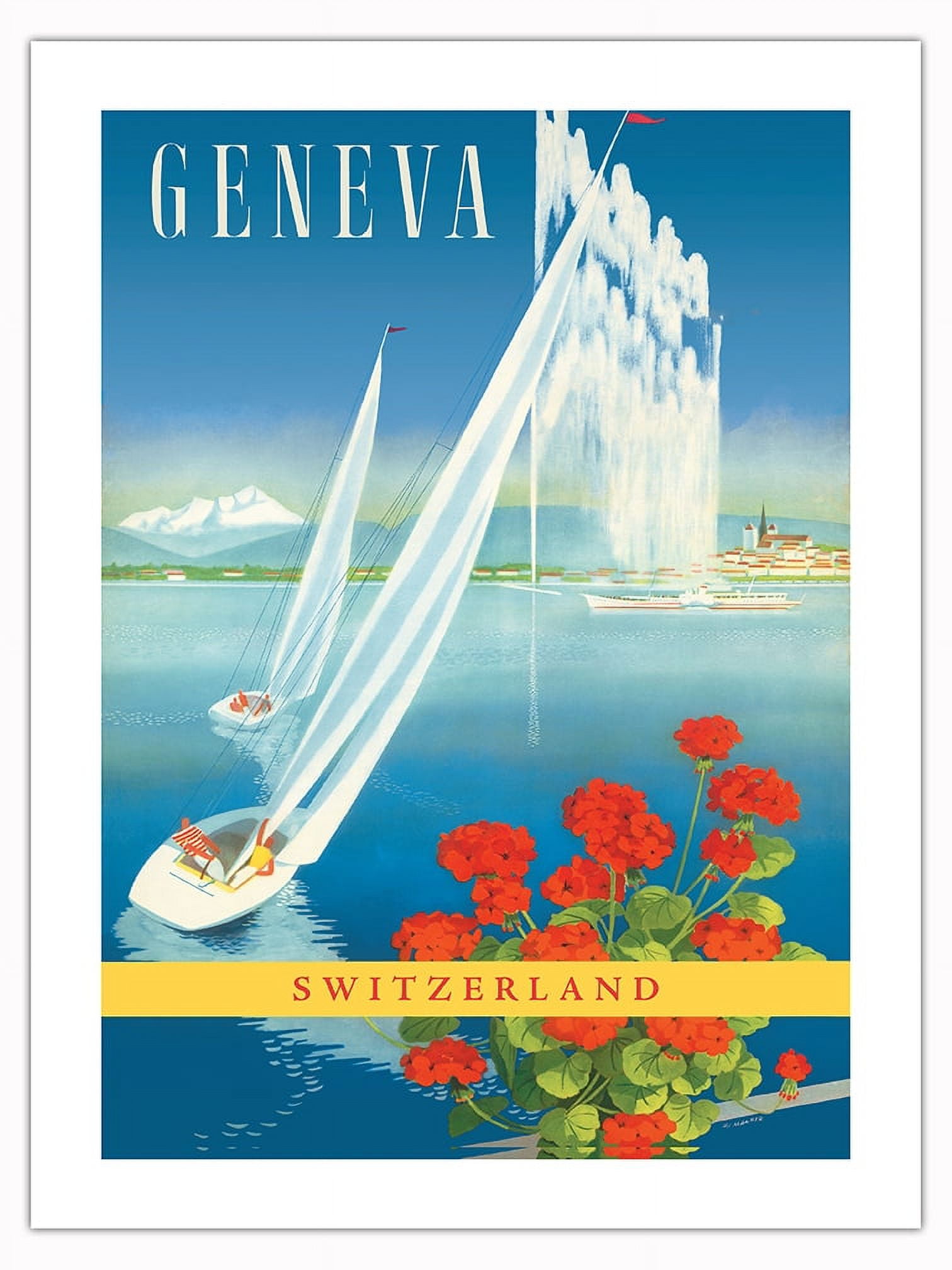 Geneva Switzerland - Water Fountain Lake Geneva - Vintage Airline ...