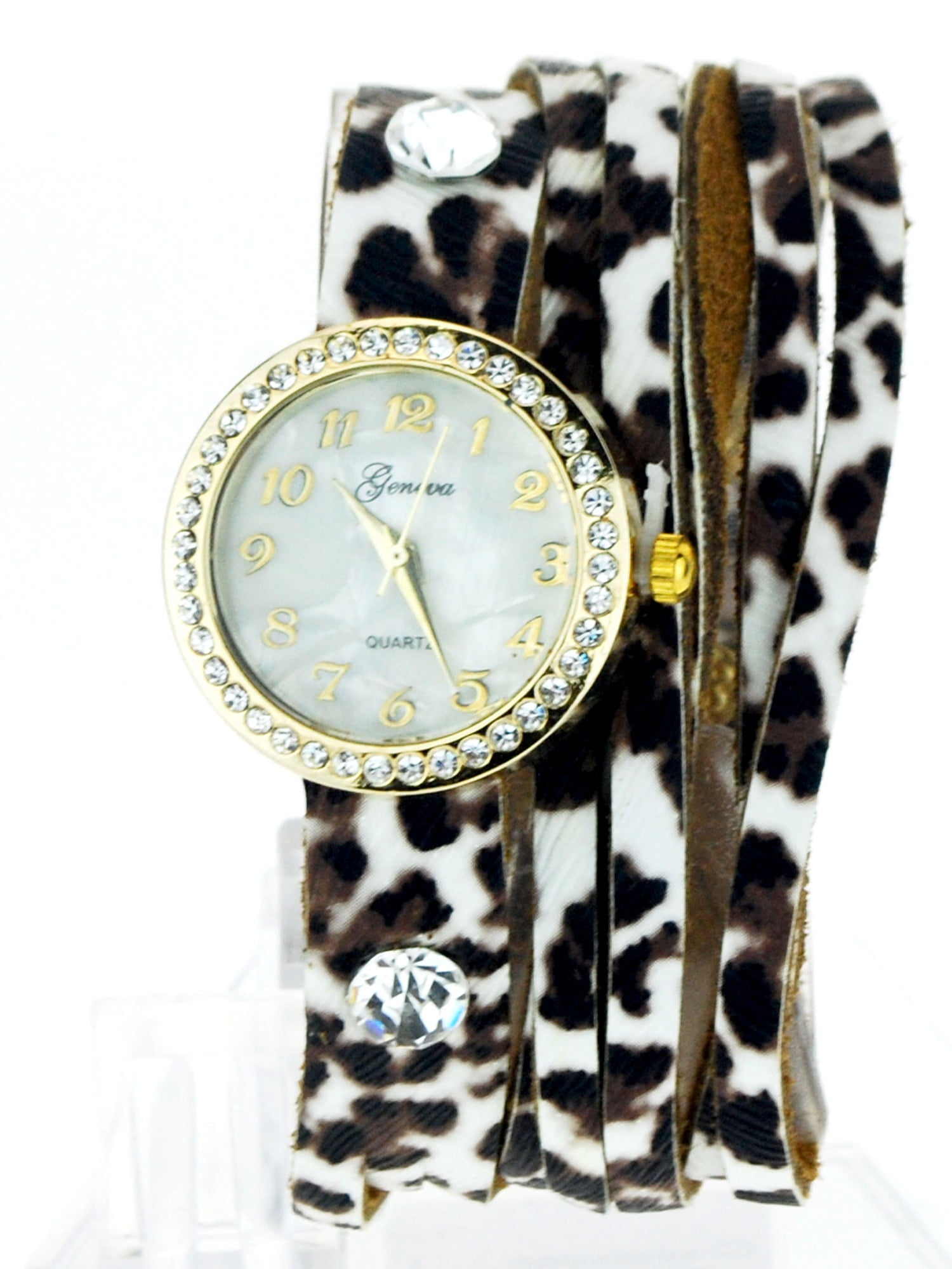 Geneva White Leopard Leather Bracelet Rhinestone Round Analog Quartz ...