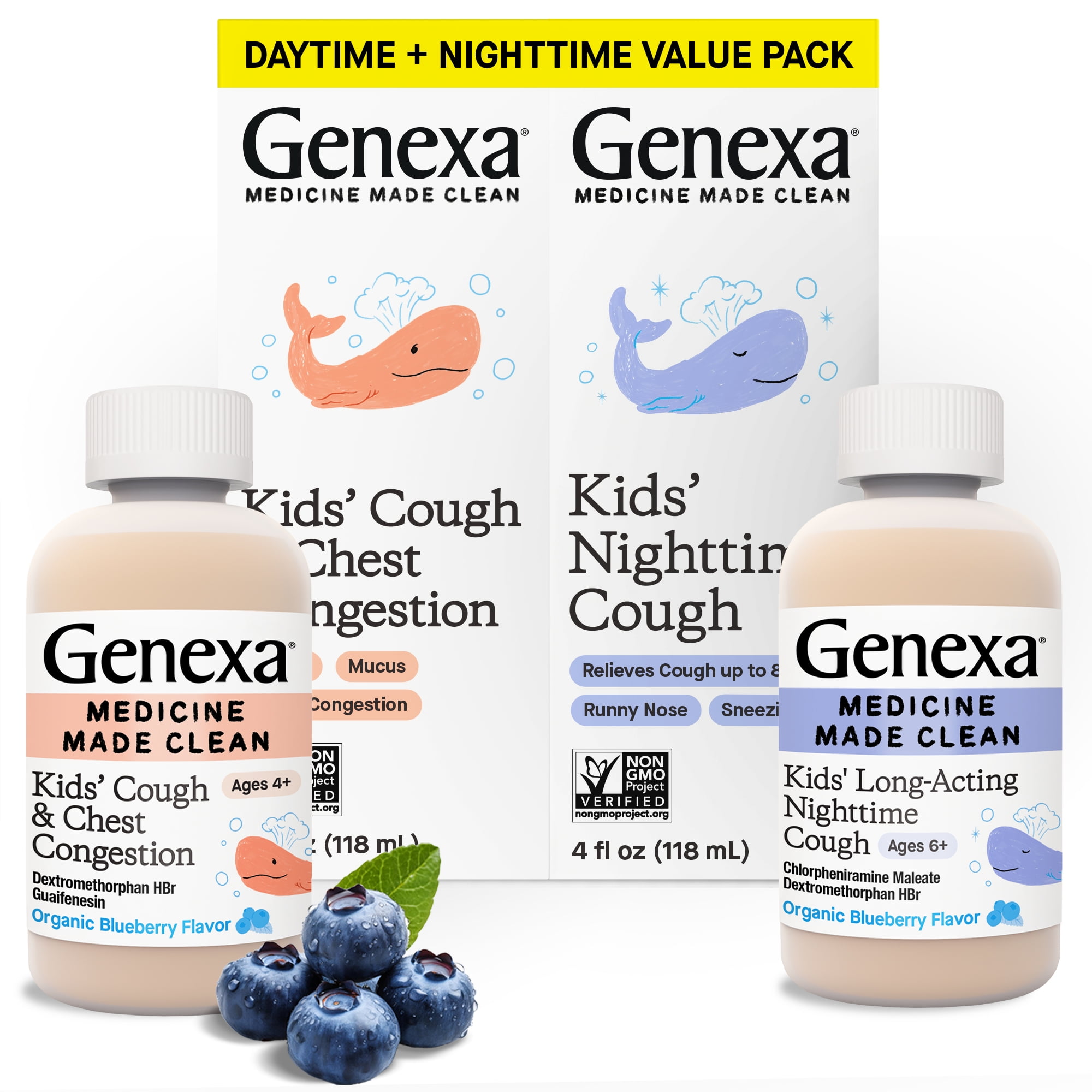 Genexa Kids' Day & Night Cough Combo Pack, Kids 6+, Blueberry Flavor, 4 ...