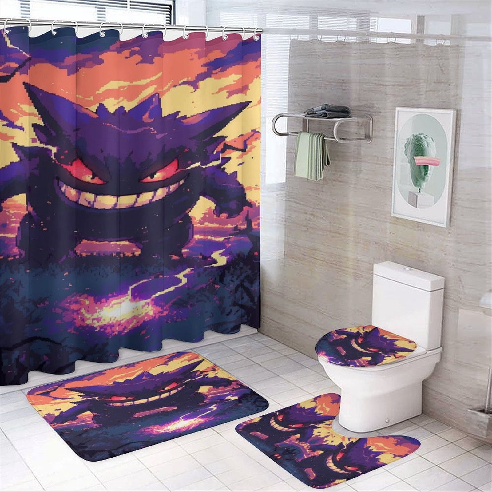 Gengar 4 Piece Bathroom Set, Shower Curtain Non-Slip Rugs, Toilet Lid ...