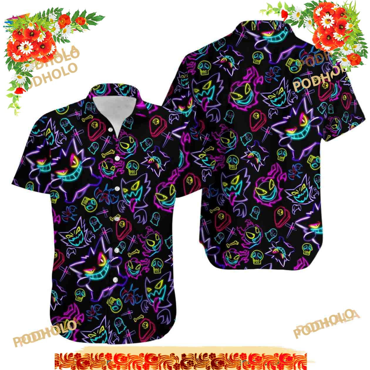 Gengar Ghost Pkm Hawaiian Shirt, Pokemon Button Up Shirt - Walmart.com