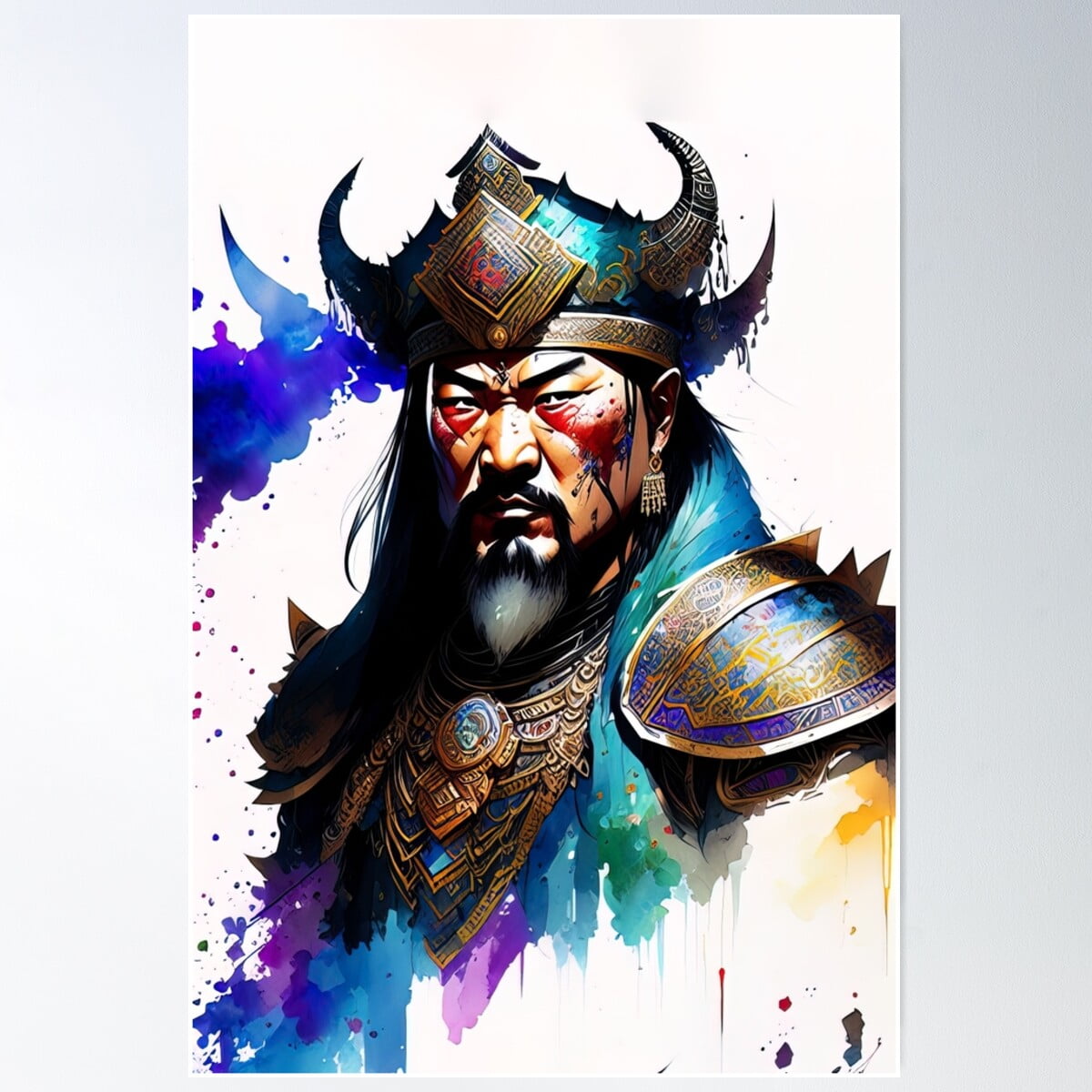 Genghis Khan Portrait In Watercolor Poster Wall Art, Modern Wall Decor ...