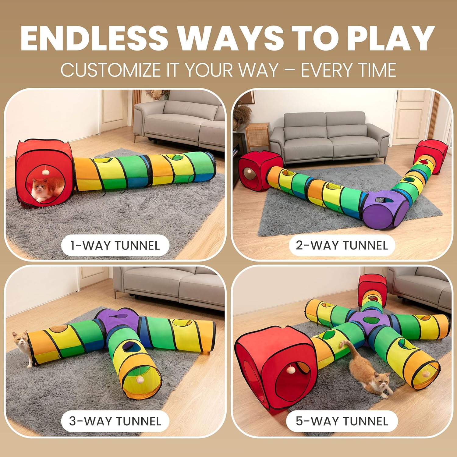 Genius Cat Tunnels for Indoor Cats - Large Customizable 5-Way Tunnel ...