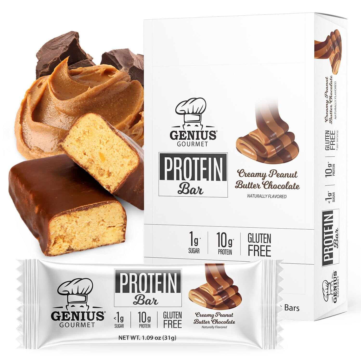 Genius Gourmet Protein Bar, KEF16 Chocolate Peanut Butter, Keto Snack ...