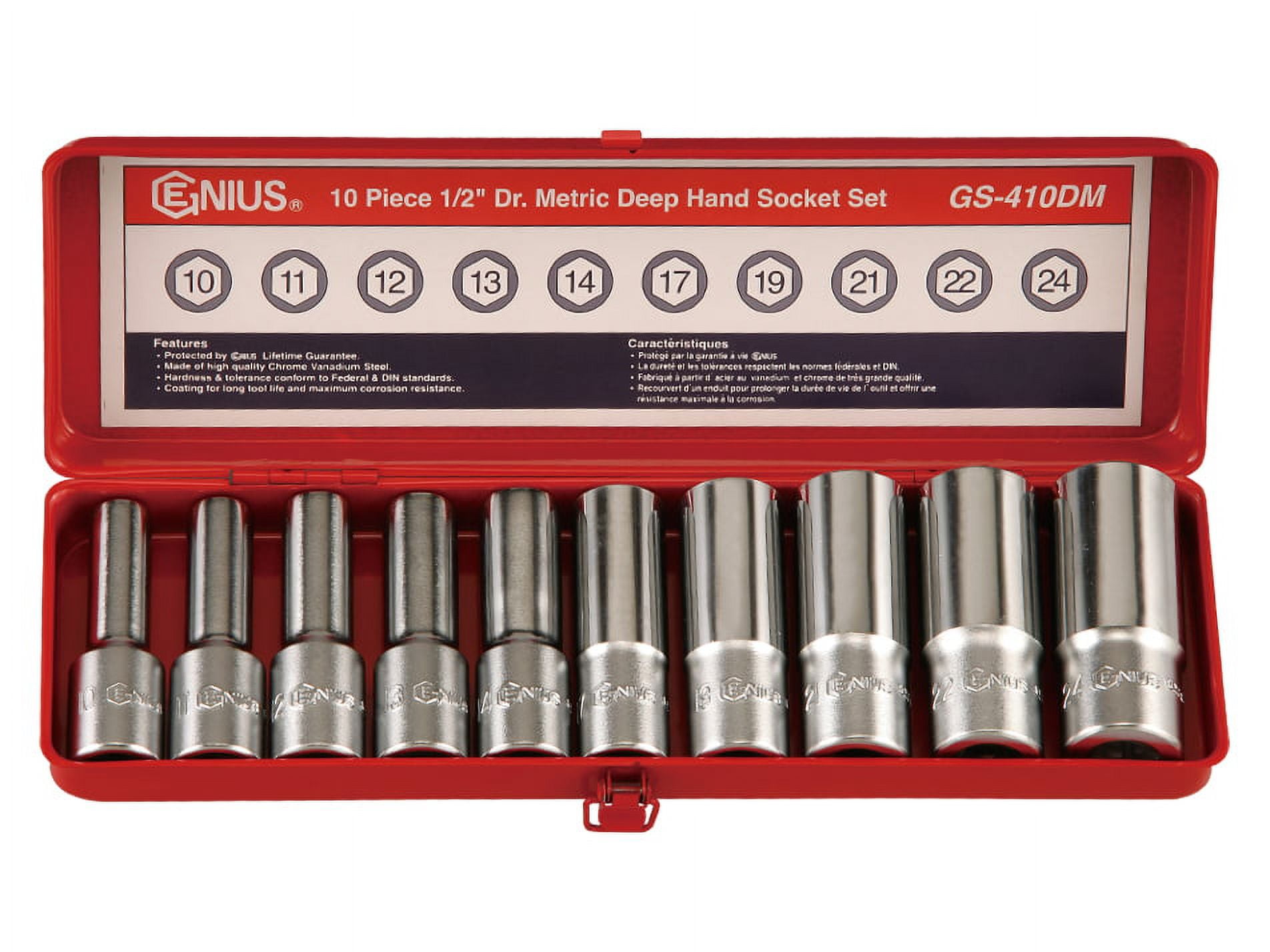 Genius Tools 10 Piece 1/2" Dr. Metric Deep Hand Socket Set - GS-410DM ...