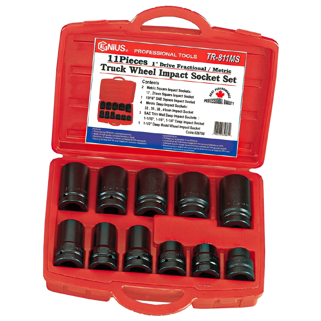 Genius Tools 11 Piece 1" Dr. Metric & SAE Truck Wheel Impact Socket Set ...