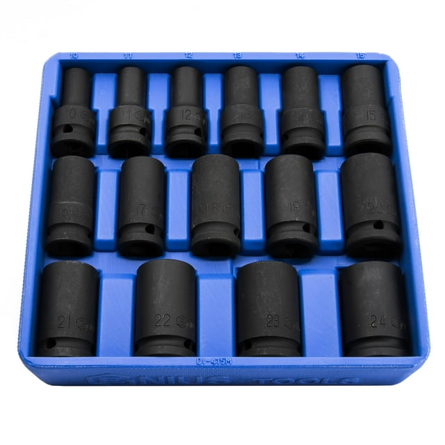 Genius Tools 15Piece 1/2" Dr. Metric Semi-Deep Thin Wall Impact Socket ...