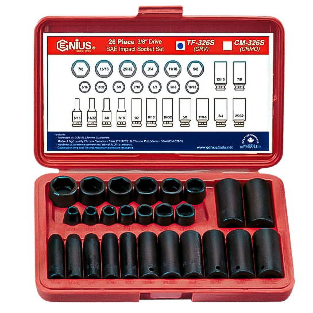 Genius Tools 26 Piece 3/8" Dr. SAE Impact Socket Set - TF-326S ...