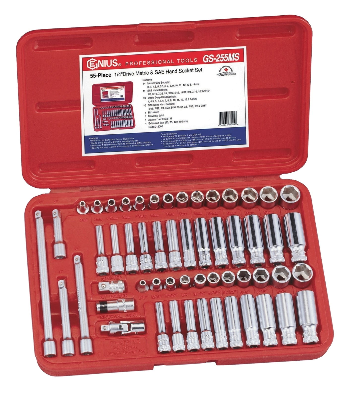 Genius Tools 55 Piece 1/4" Dr. Metric & SAE Hand Socket Set - GS-255MS ...