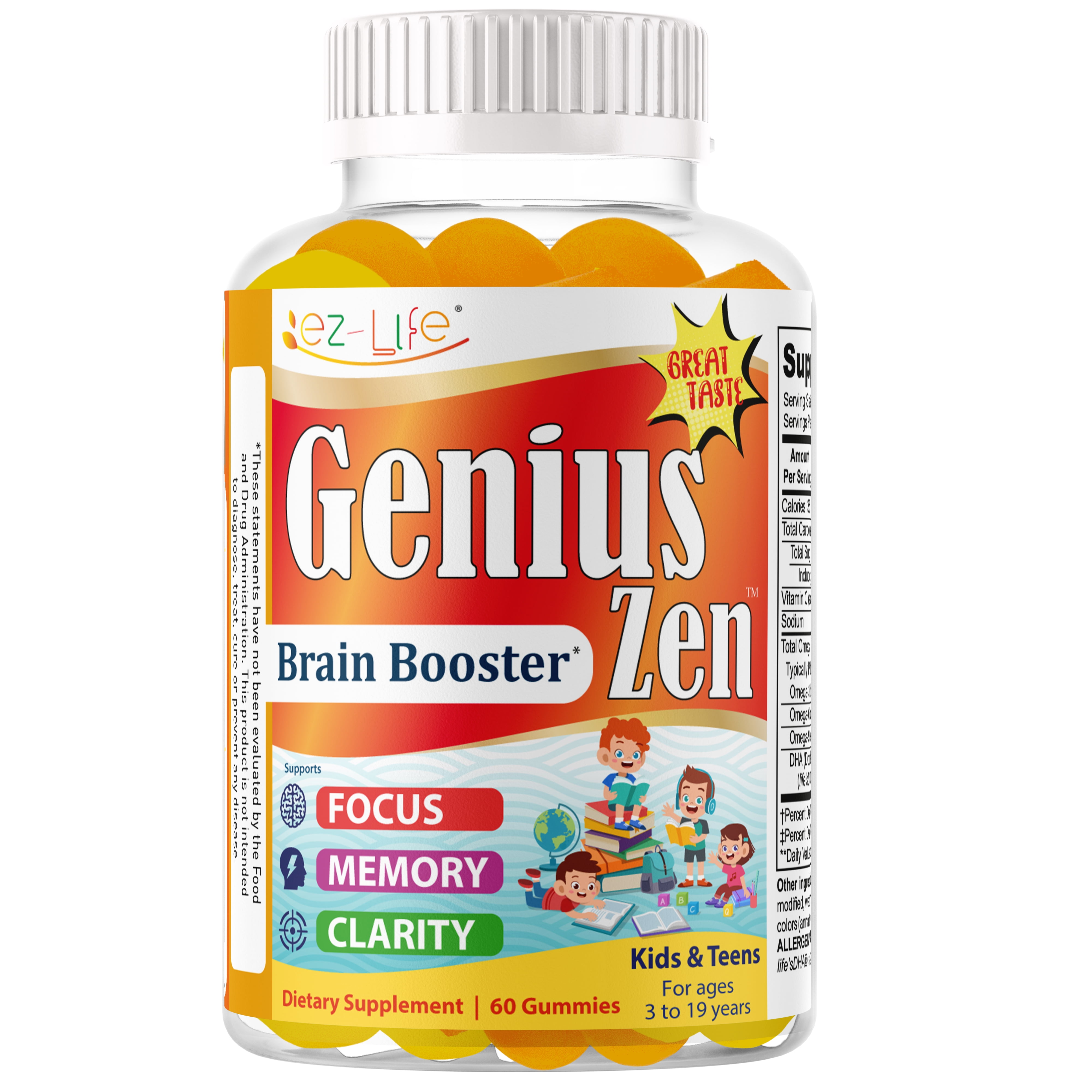 Genius Zen Brain Booster Supplement for Kids & Teens, Omega 3 Gummy ...