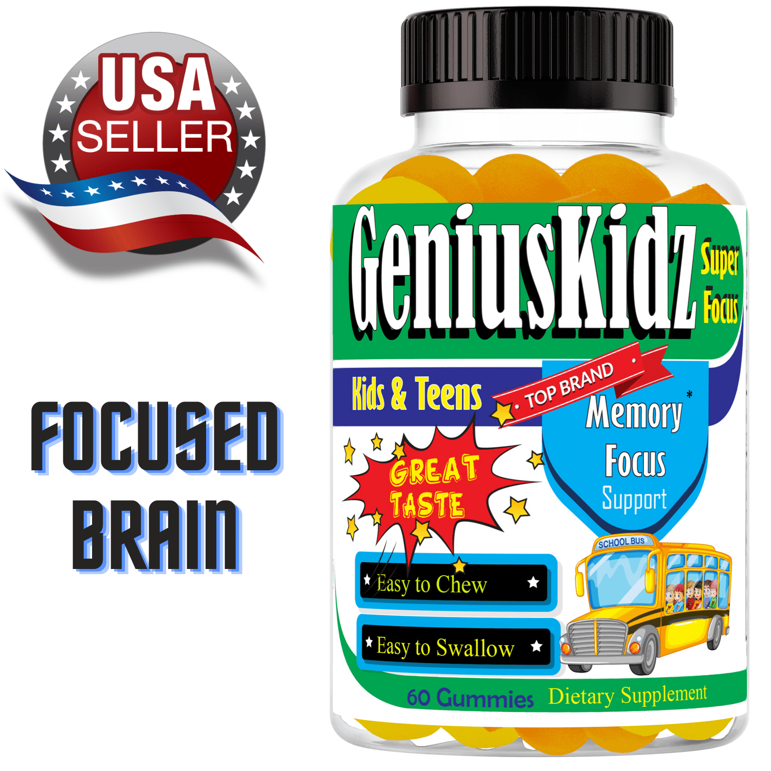 Geniuskidz Brain Focus Supplement for Kids & Teens, Brain Booster Omega ...