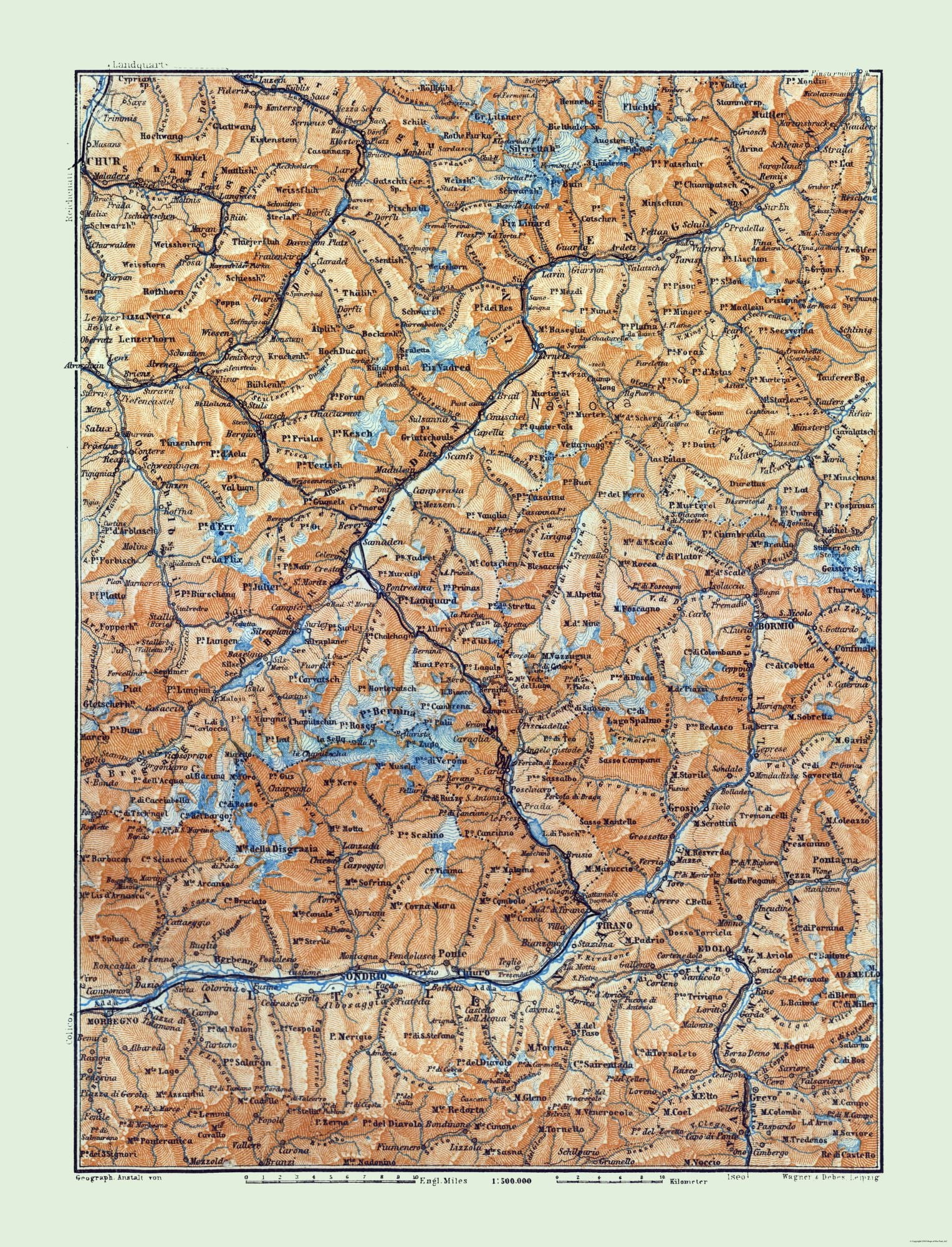 Historic Map - Ber Engadin Switzerland Italy - Baedeker 1921 - 23 x 30. ...