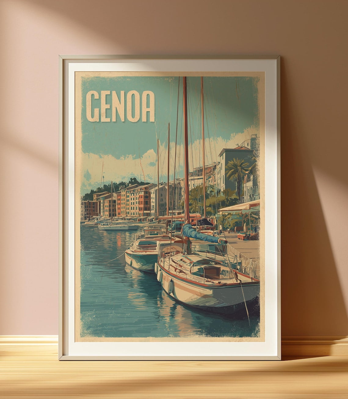 Genoa Italy Travel Poster: Retro Harbor Art Print, Unframed Poster Size ...