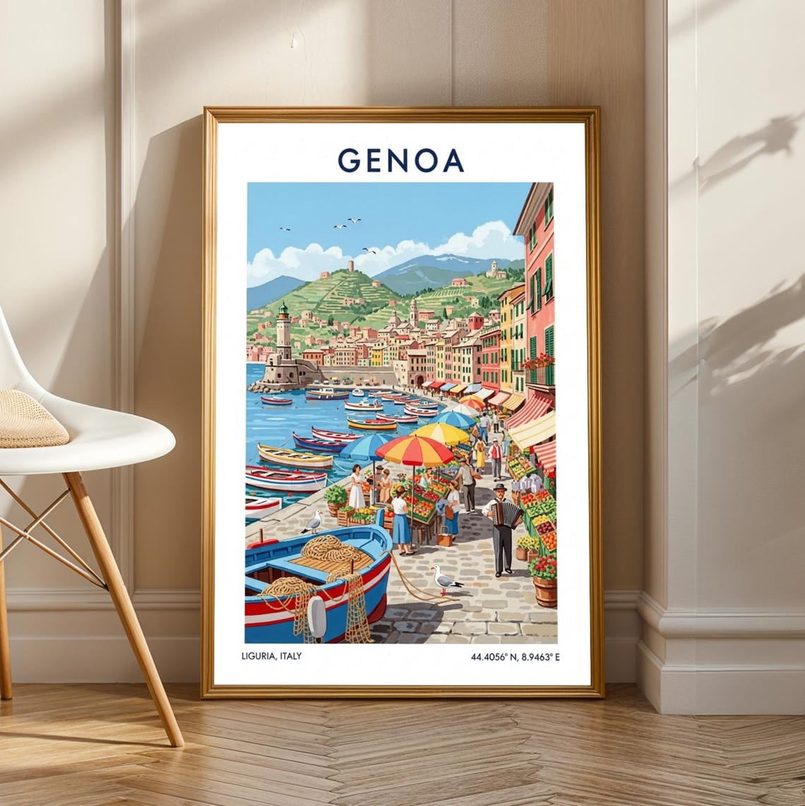 Genoa Italy Travel Poster: Vintage Waterfront Market Art Print ...