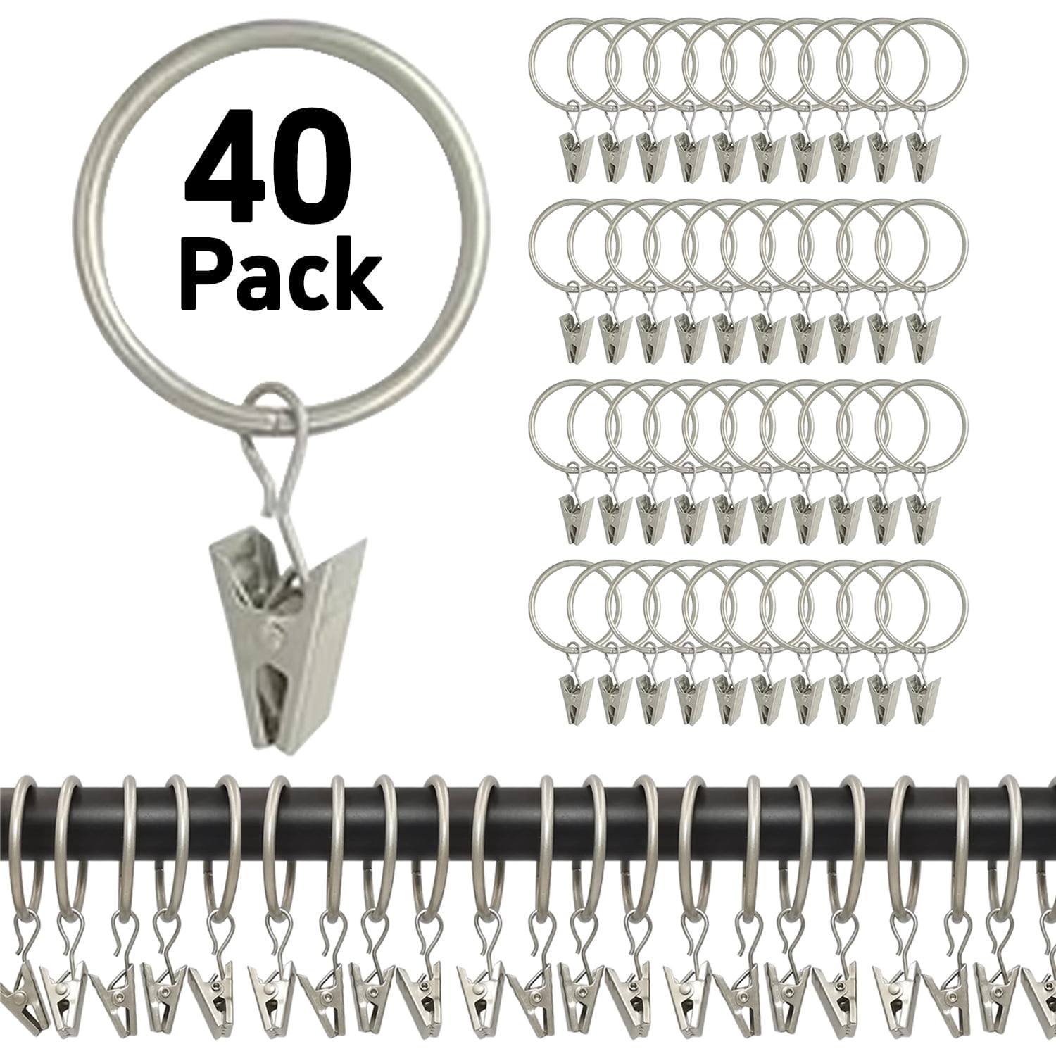Genreen 40 Pack Curtain Rings with Clips, Curtain Clip Rings Hooks, Bow ...