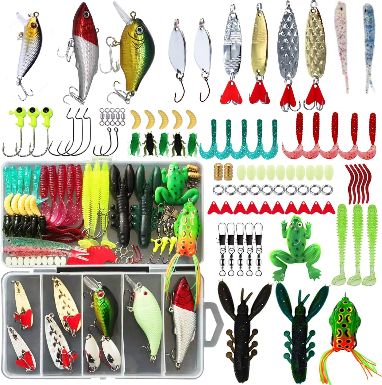 GENREEN Fishing Lures Kit, 94pcs Spoon Lures, Soft Worms, Frog Baits ...