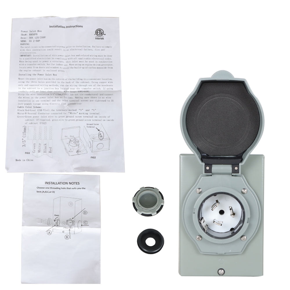Genrics 50 Amp 3 Prong Generator Cord Generator Power Inlet Box ...