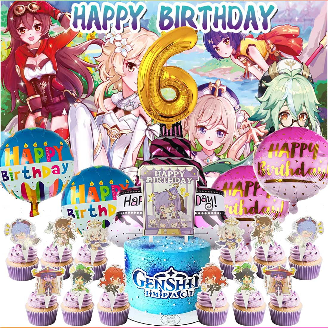 Genshin Impact Party Supplies Decor 6th Kit Balloons Birthday Cake ...