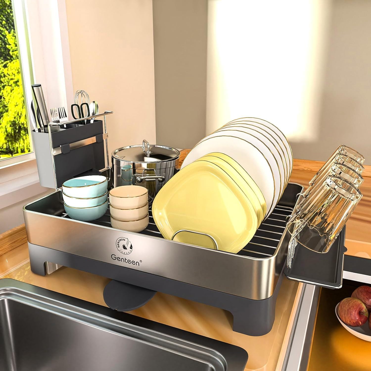 Genteen Dish Drying Rack, Stainless Steel Dish Rack with Drainboard and ...