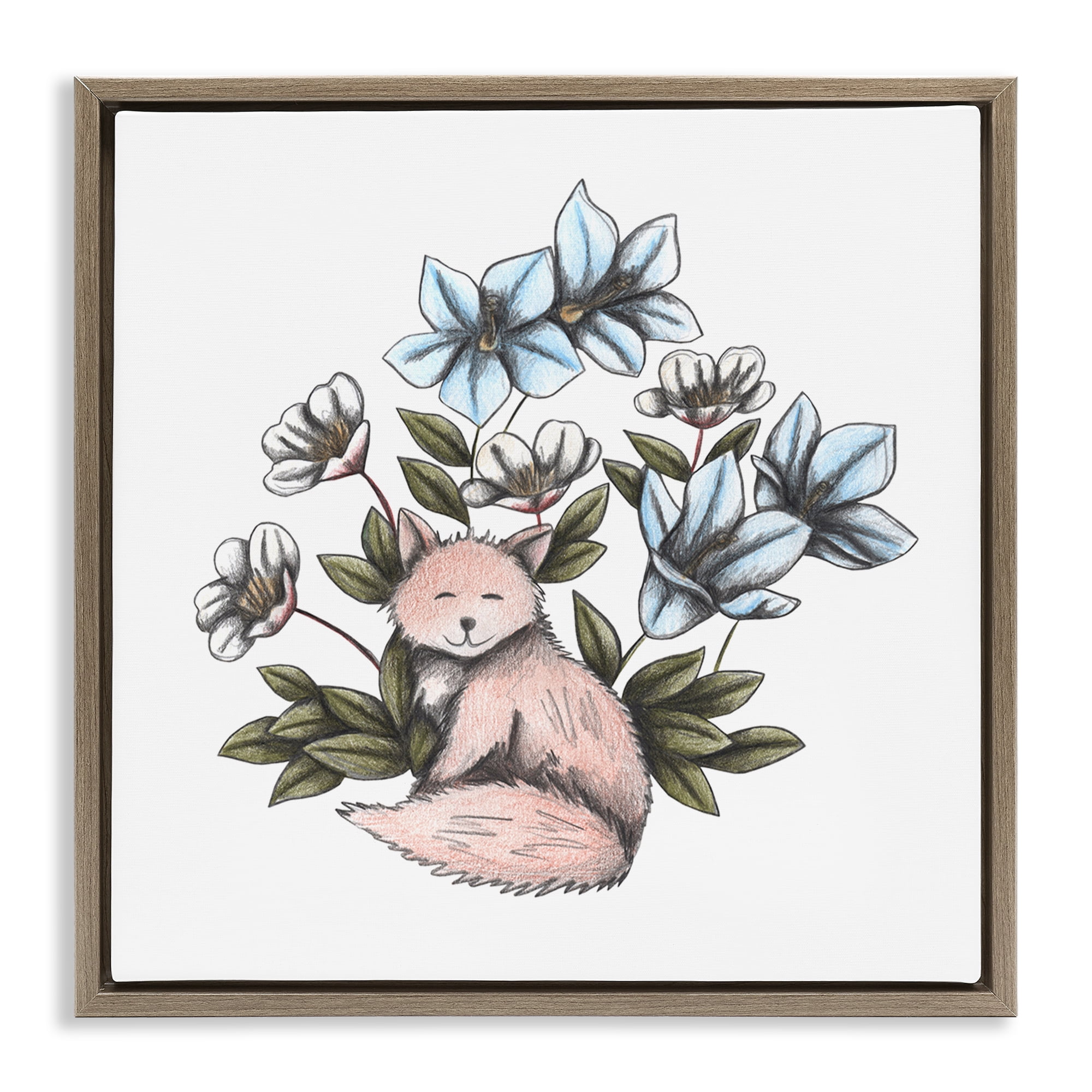 Gentle Fox with Flowers Brown Framed Floater Canvas Wall Art, design by ...