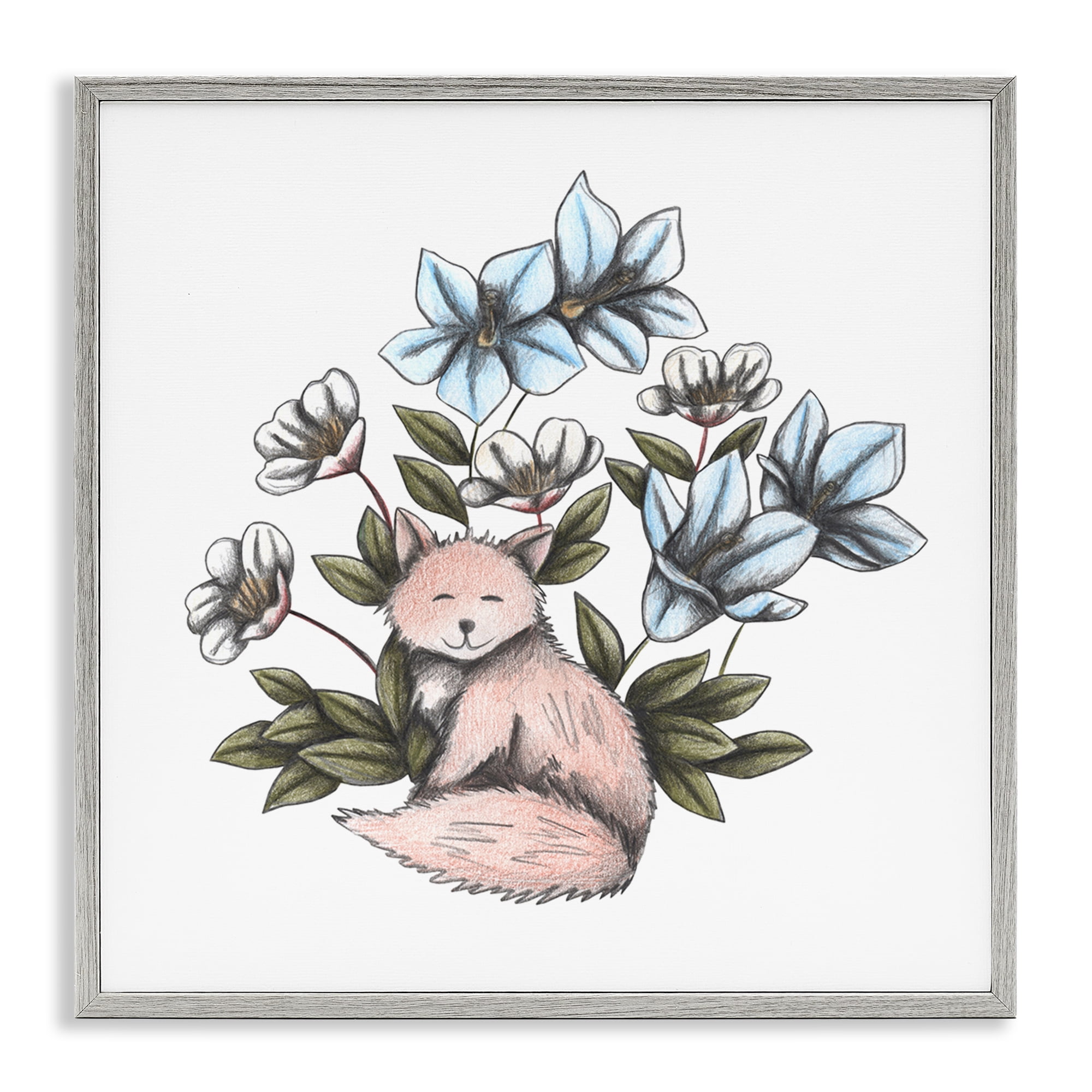Gentle Fox with Flowers Gray Framed Giclee Art, design by Cecilia ...
