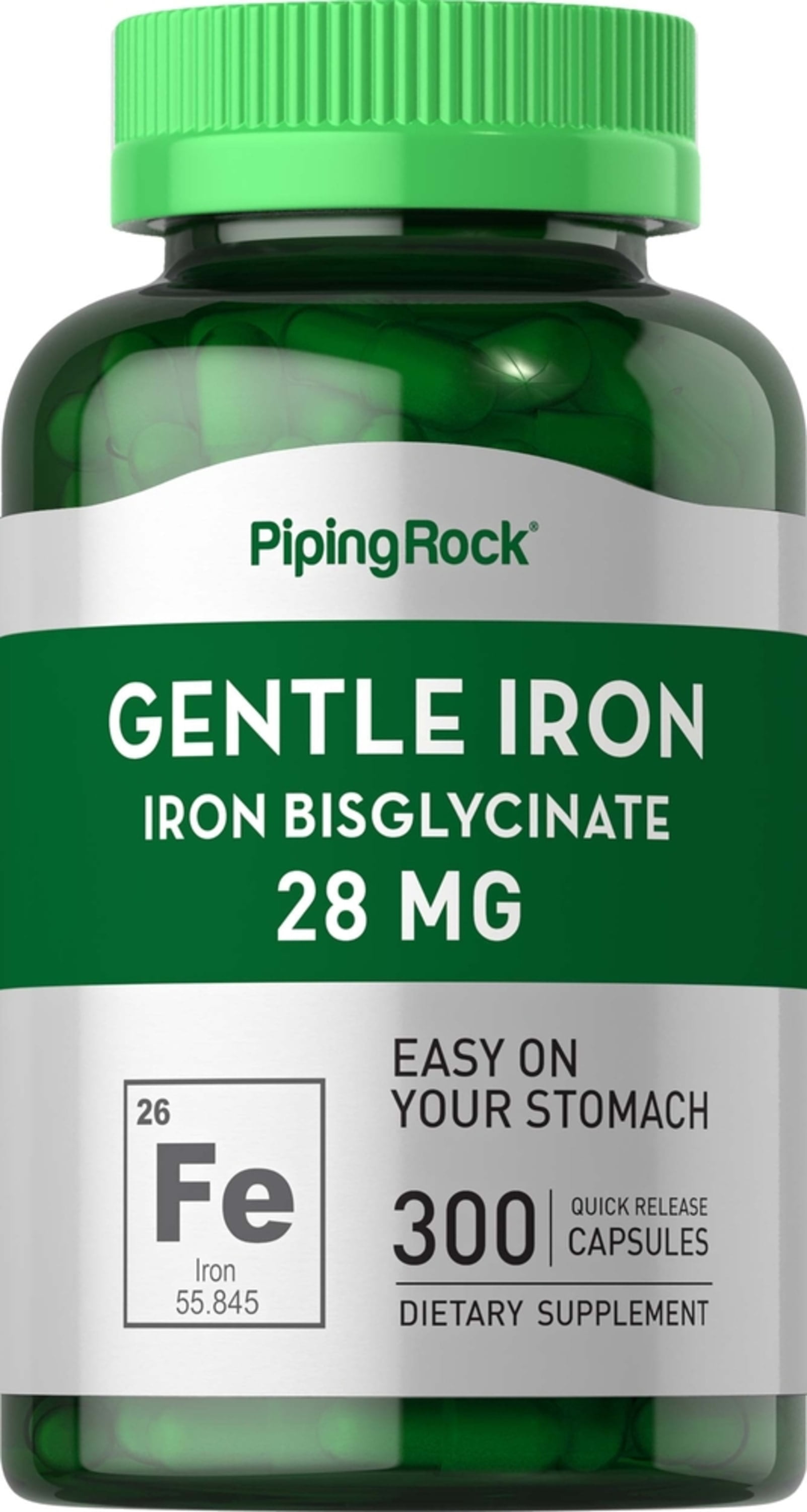 Piping Rock Gentle Iron 28mg, 300 Capsules, Iron Bisglycinate, Easy on ...