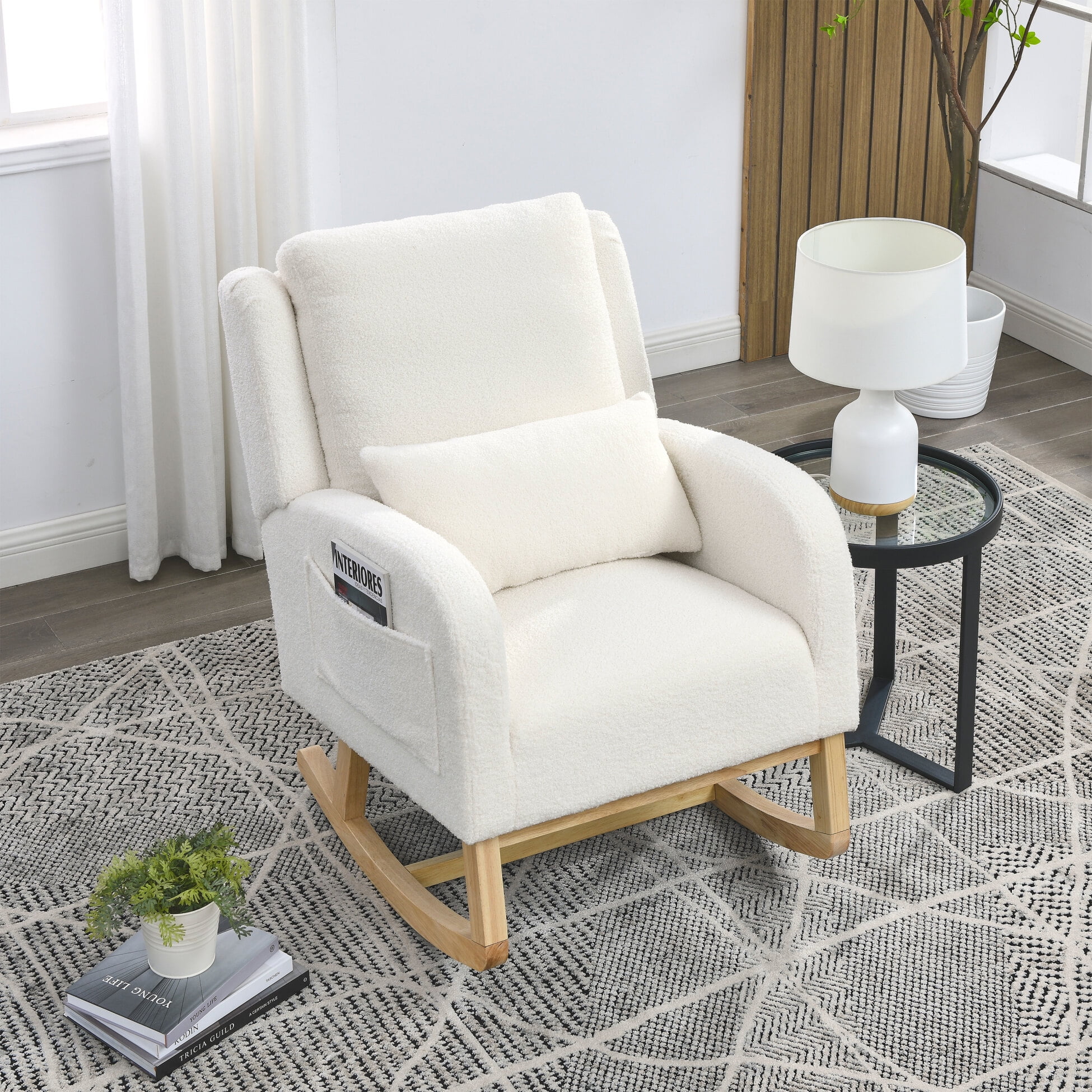 Gentle Rocking Chair with Solid Wood Base, Upholstered Accent Chair ...