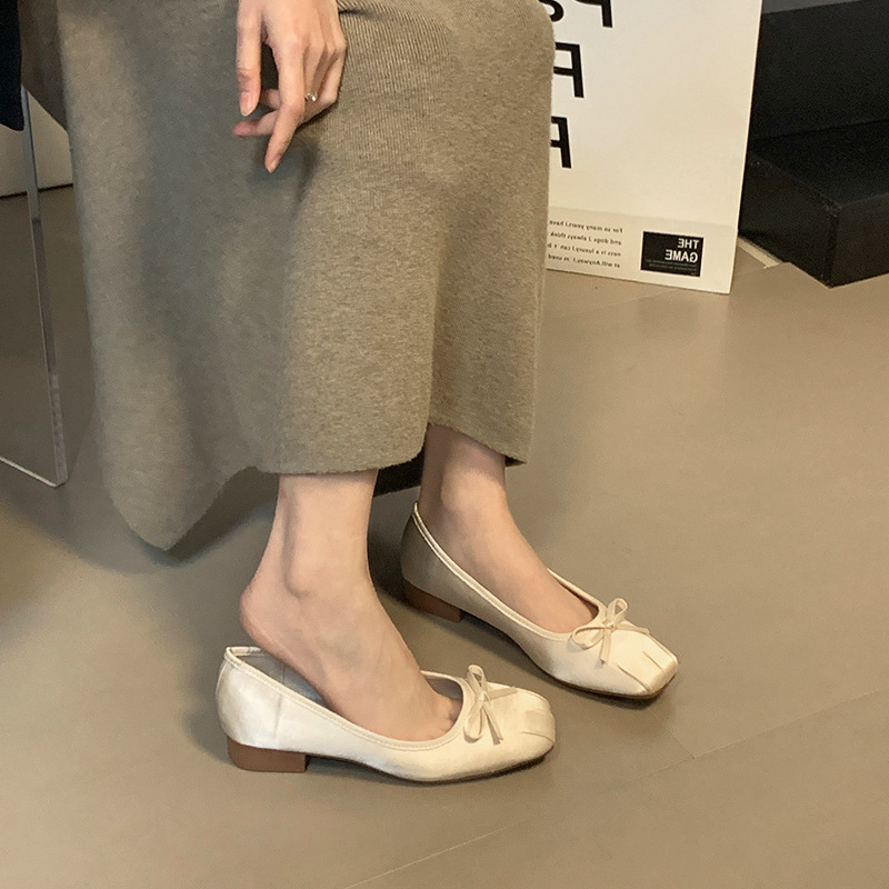 HHH Gentle Satin Square Toe Ballet Shoes 2024 Spring Niche Bow Chunky ...