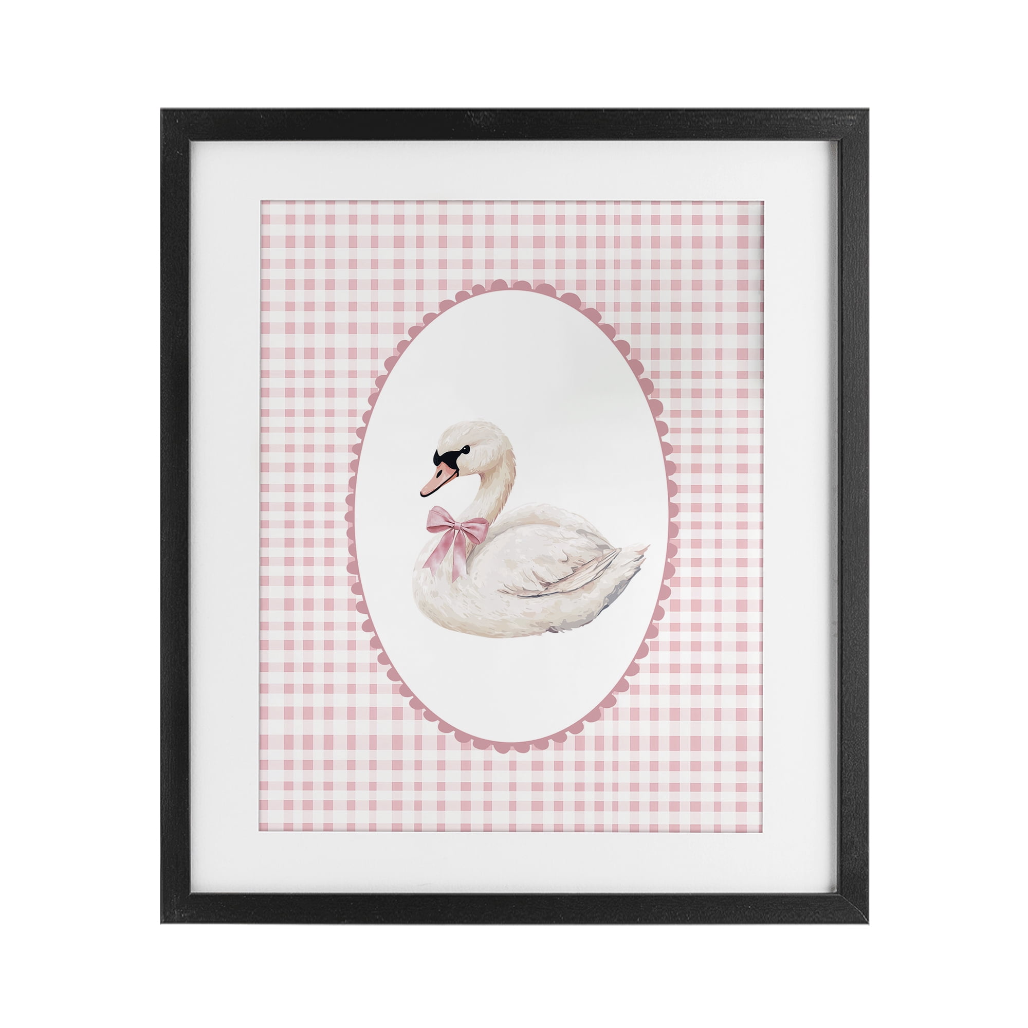 Gentle Swan on Pink Checkered Black Framed Print Under Glass, design by ...