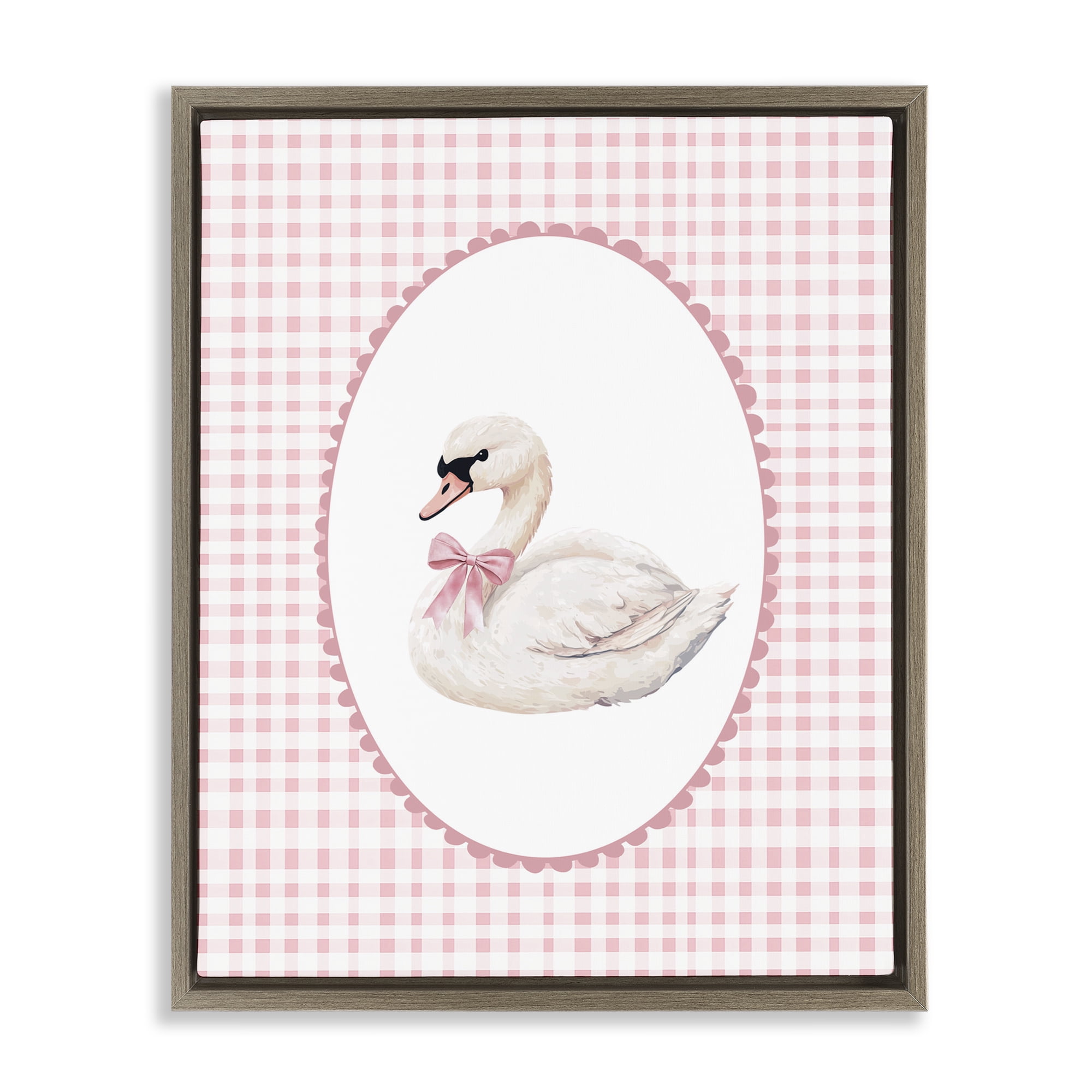 Gentle Swan on Pink Checkered Brown Framed Floater Canvas Wall Art ...