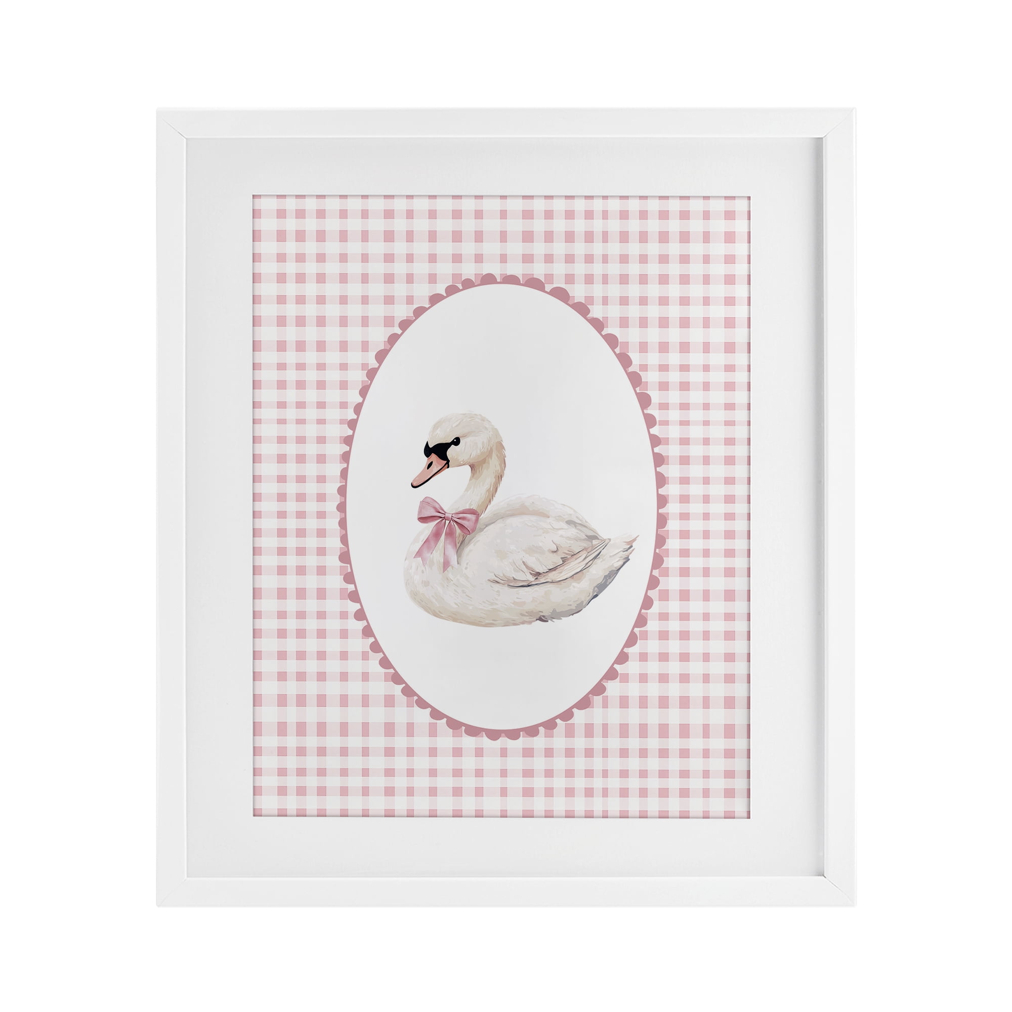 Gentle Swan on Pink Checkered White Framed Print Under Glass, design by ...