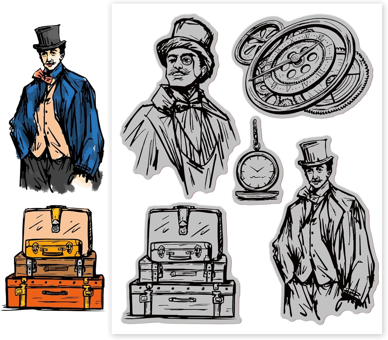 Gentleman Cling Rubber Stamps Clock Pocket Watch Suitcase Script ...