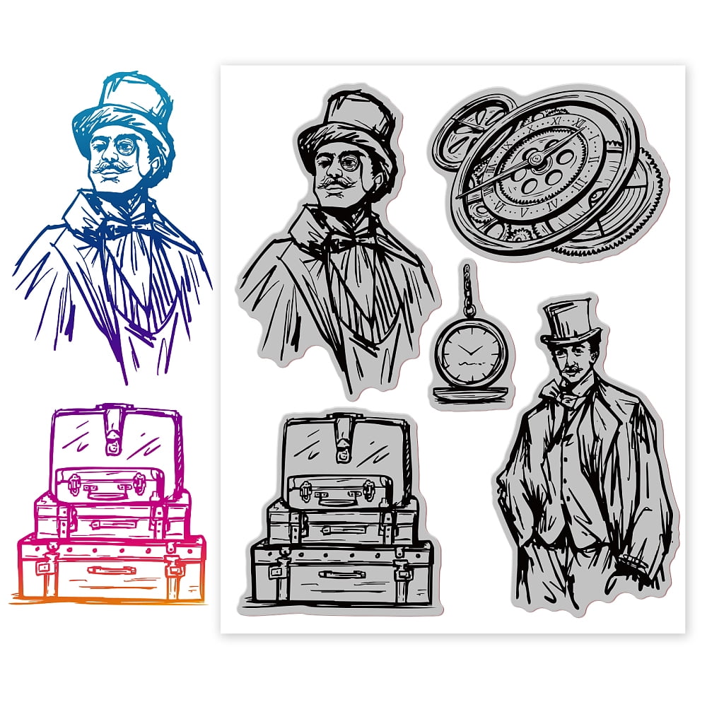 Gentleman Cling Rubber Stamps Clock Pocket Watch Suitcase Script ...