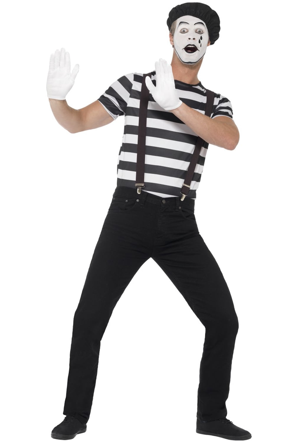 Gentleman Mime Artist Adult Costume with Striped Top, Beret, Gloves ...