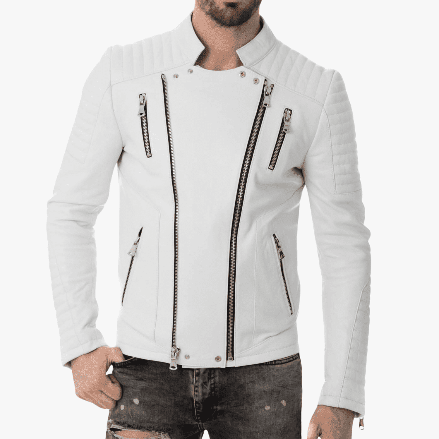 Genuine 100% Lambskin White Leather Jacket For Mens Quilted Double ...