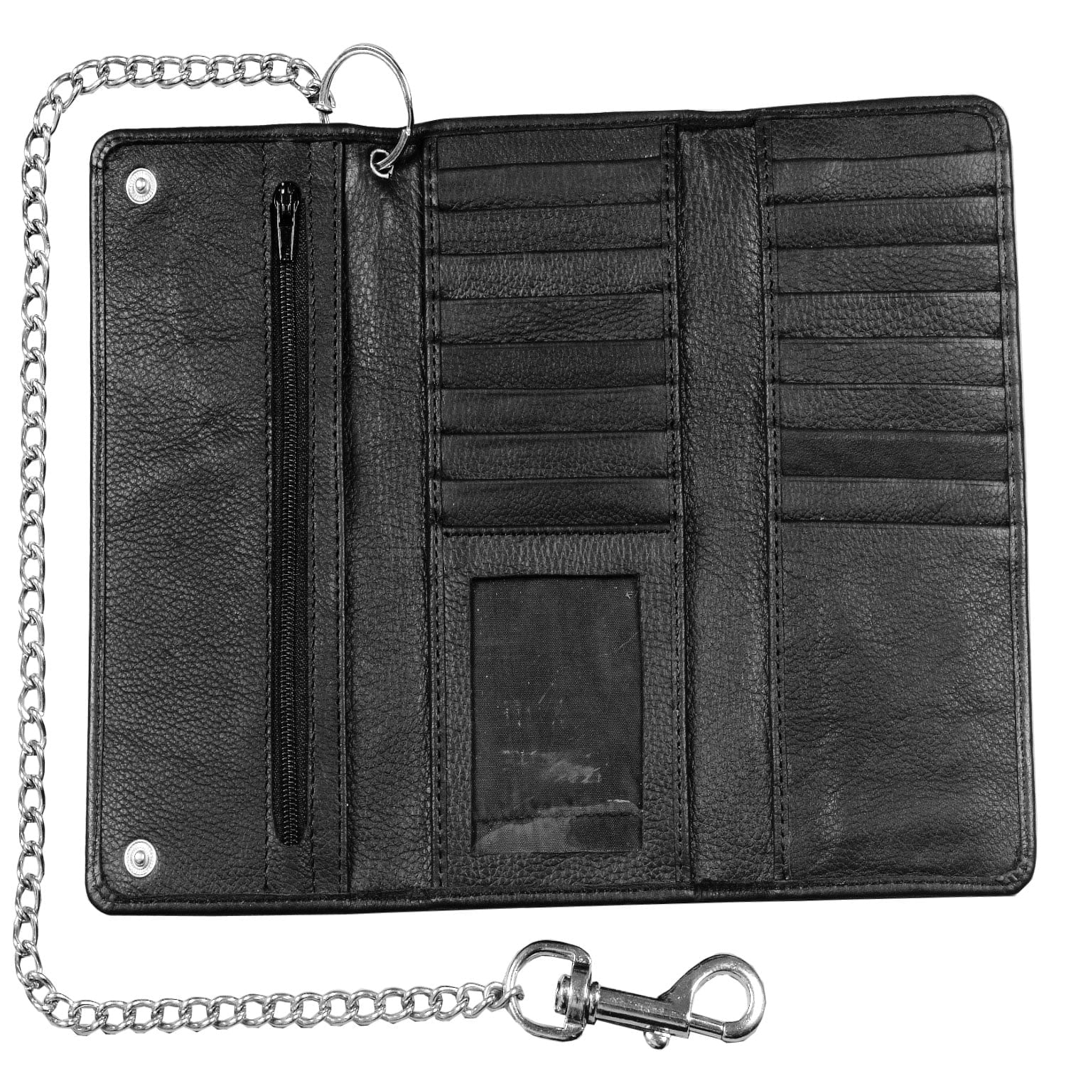 Genuine Black Cowhide Leather Chain Wallet, Trifold Long Chain ...