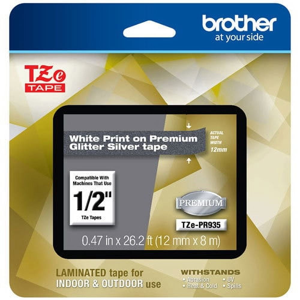 Genuine Brother 1/2" (12mm) White on Glitter Silver TZe P-touch Tape ...