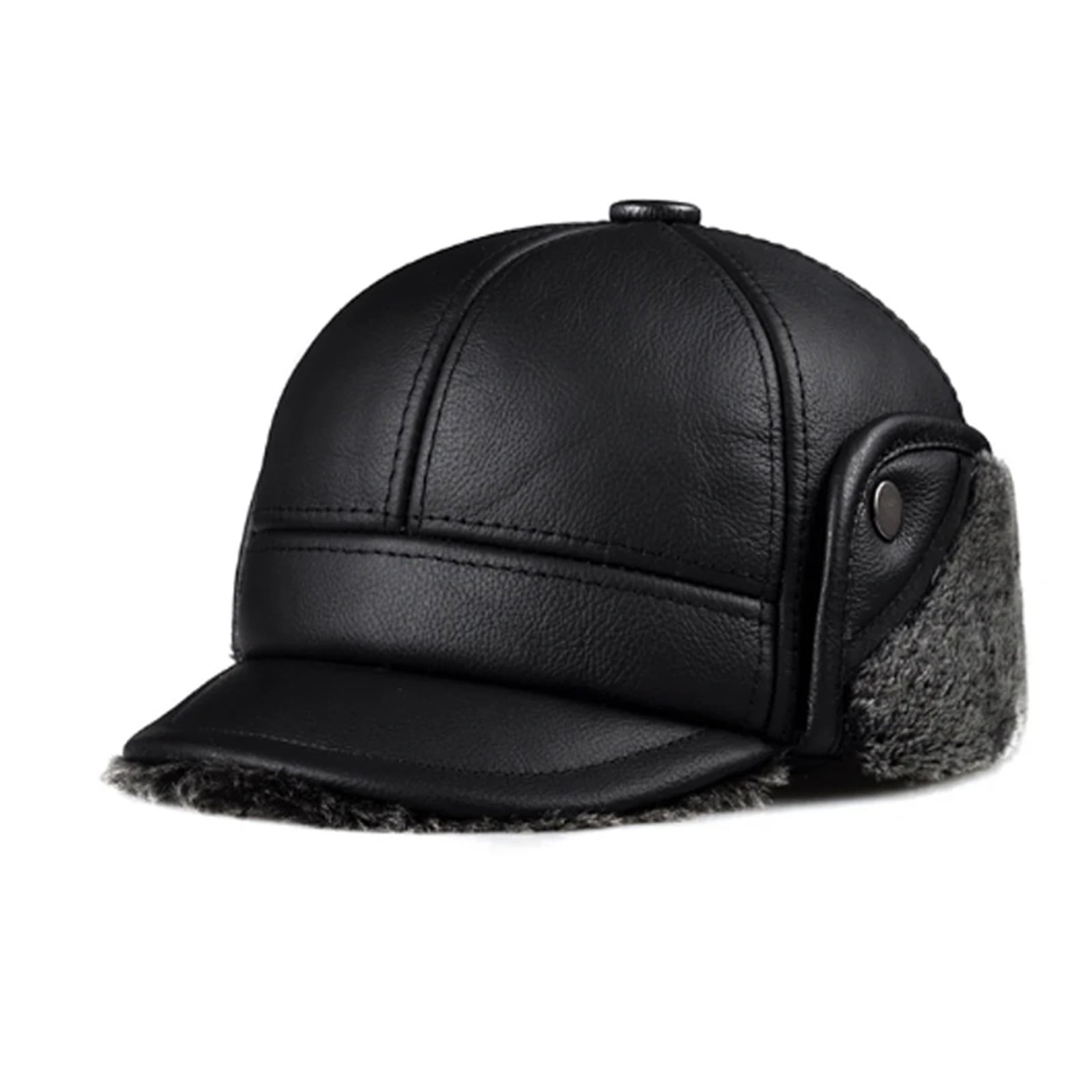 Genuine Cowhide Leather Faux Fur Caps Dad Warm Winter Hat For Men ...