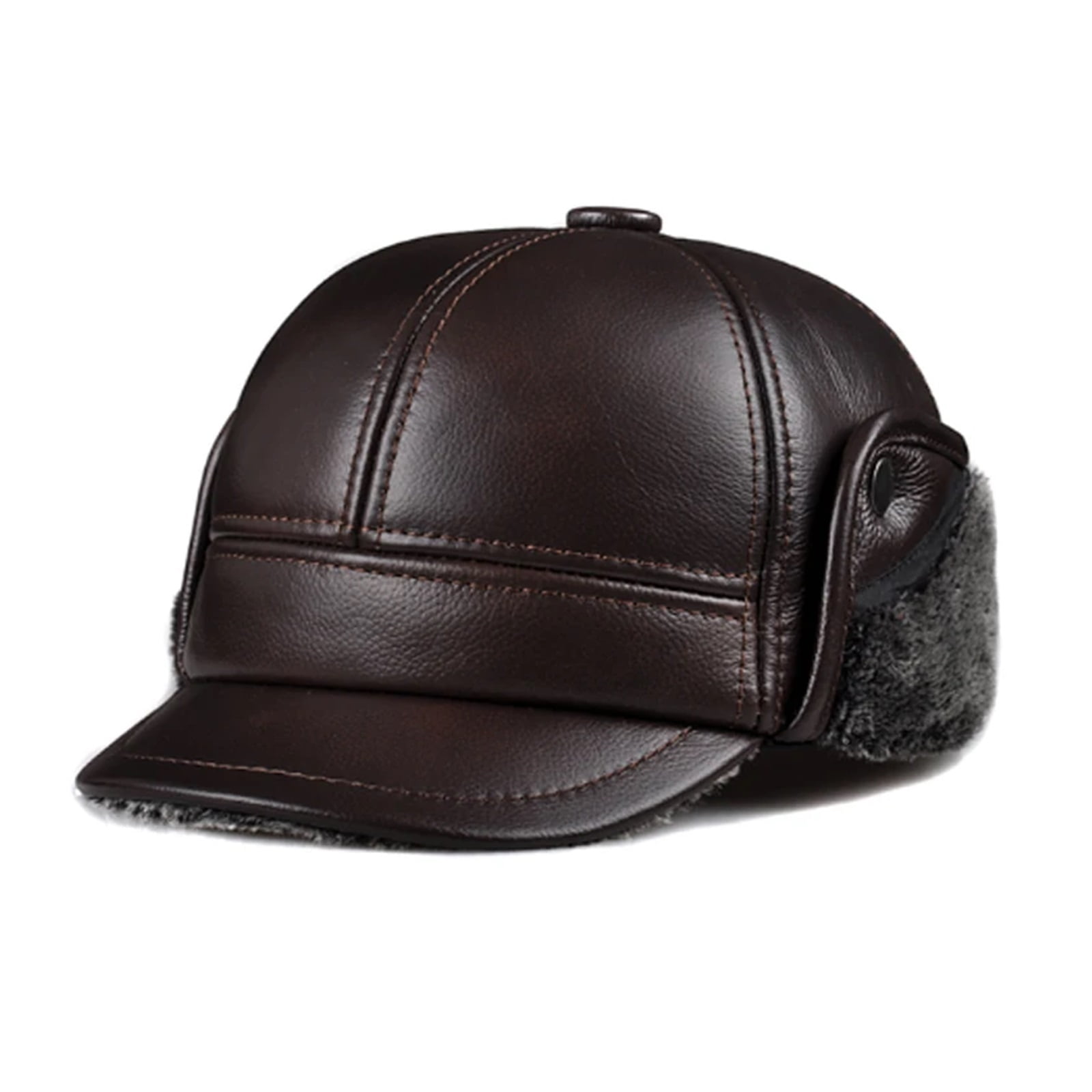 Genuine Cowhide Leather Faux Fur Caps Dad Warm Winter Hat For Men ...