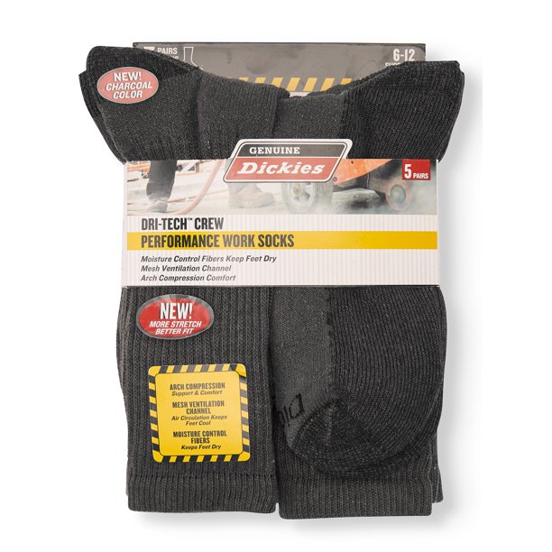 Genuine Dickies Men's Dri-Tech Comfort Crew Work Socks, 5-Pack ...