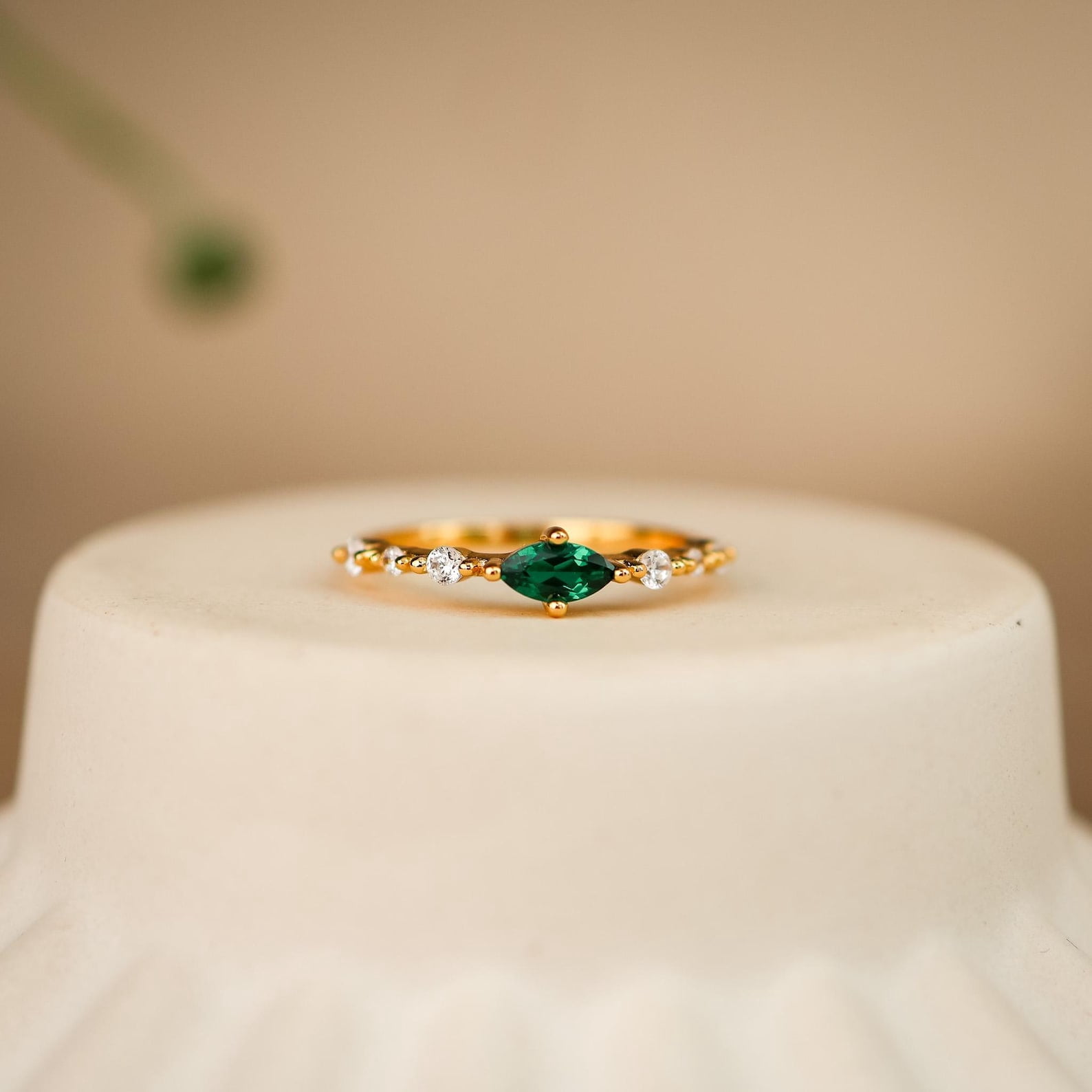 Genuine Emerald Marquise Cut Ring 14K Gold Vermeil, Dainty Stacking ...