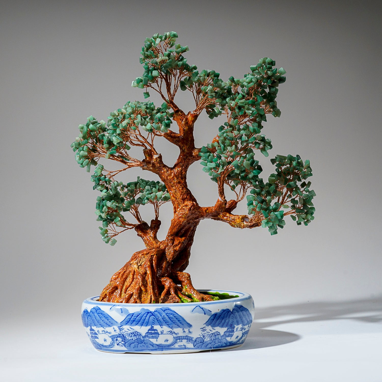 Genuine Green Aventurine Gemstone Bonsai Tree in Oval Ceramic Pot (15â ...