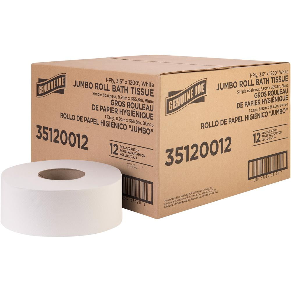 Genuine Joe 1-ply Jumbo Roll Bath Tissue - 1 Ply - 3.63" x 1200 ft - 8.88" Roll Diameter - White ...